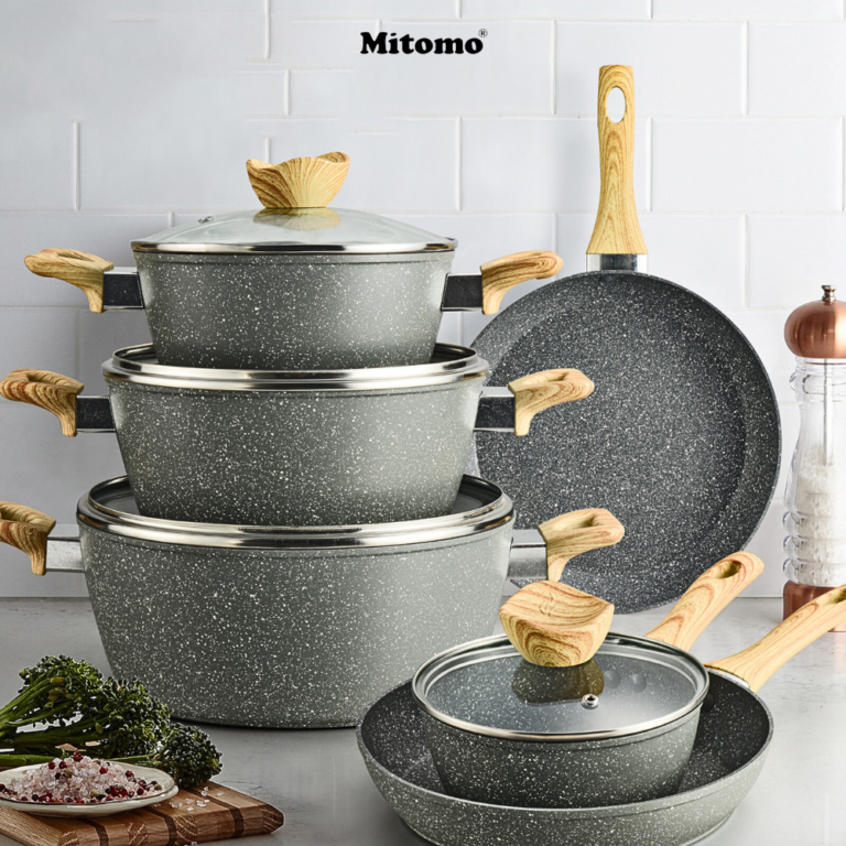 Bộ nồi chảo vân đá 6 món chống dính cao cấp Mitomo Queen Time Màu Ghi, dùng cho bếp từ, bếp ga ...