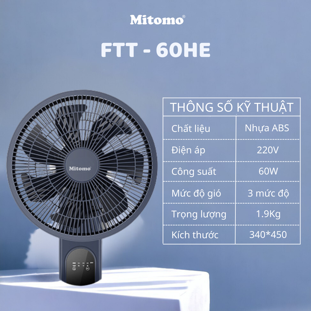 Quạt treo tường điện tử Mitomo FTT-60HE, sử dụng bạc đạn, hoạt động siêu êm, công suất 60W mạnh ...